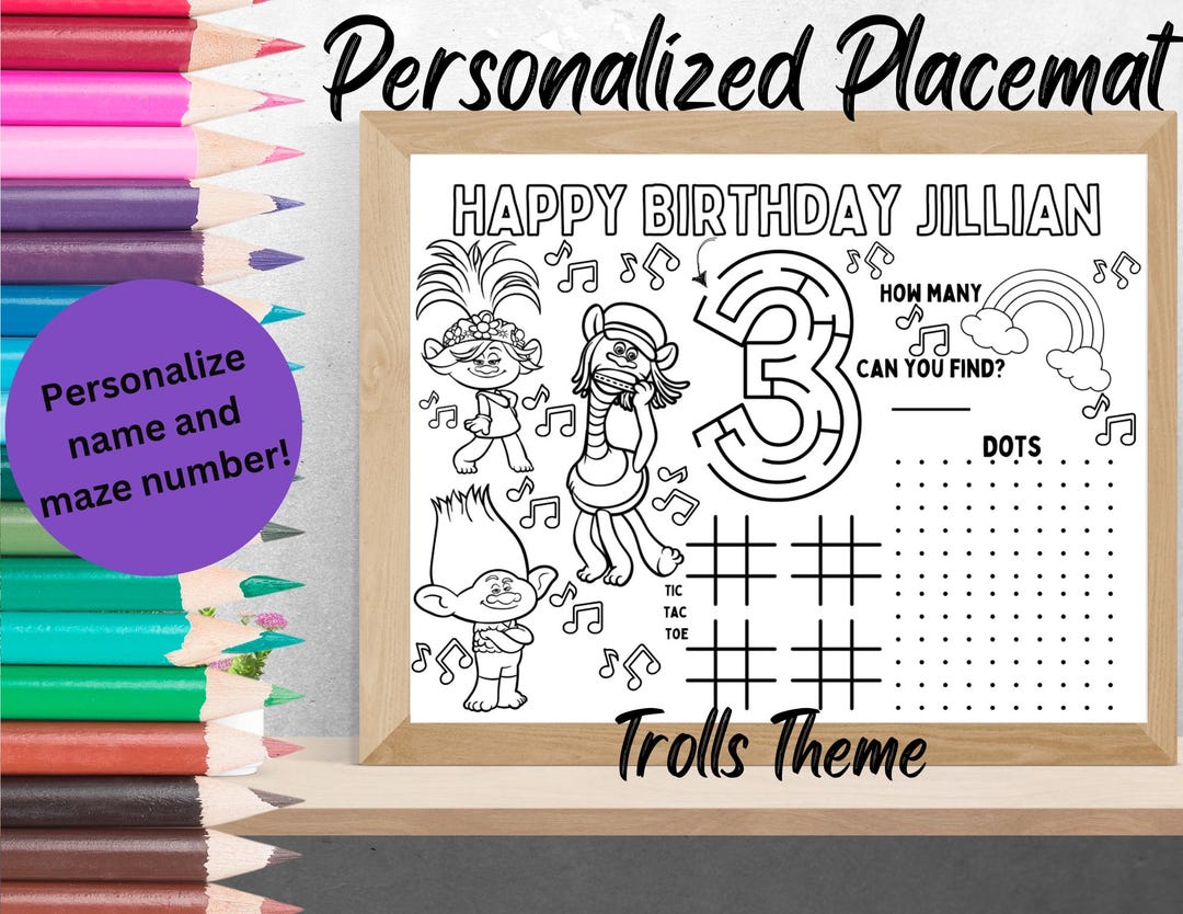 Personalized Trolls Placemat, Trolls Themed Coloring Activity Page ...
