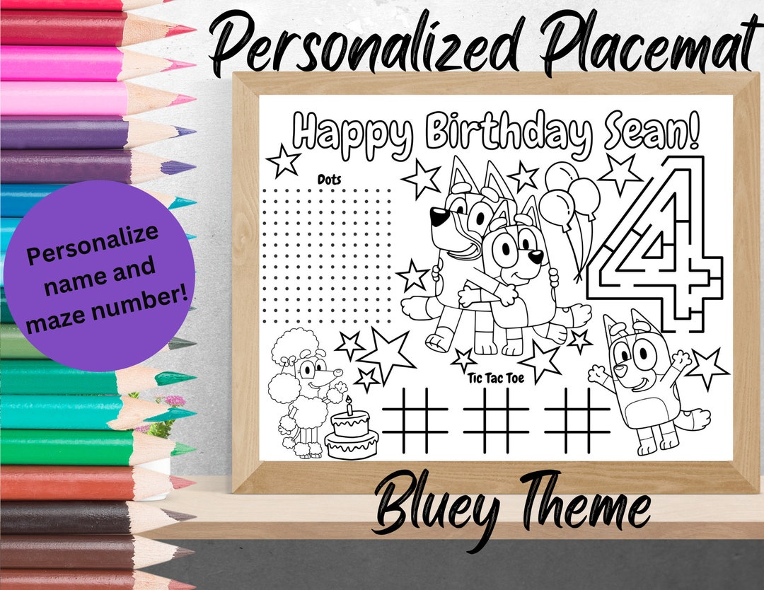 Personalized Bluey Placemat, Bluey Themed Worksheet, Coloring Activity ...
