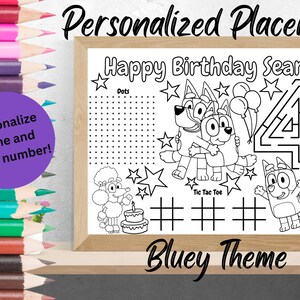 Personalized Bluey Placemat, Bluey Themed Worksheet, Coloring Activity ...
