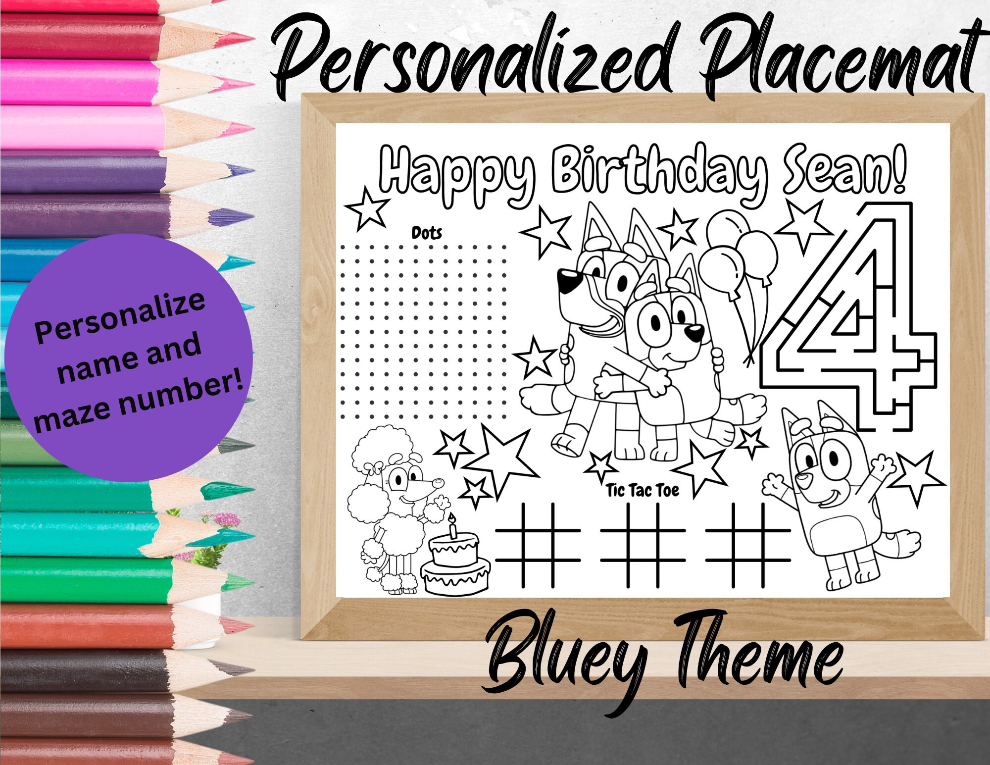 Personalized Bluey Placemat, Bluey Themed Worksheet, Coloring Activity ...