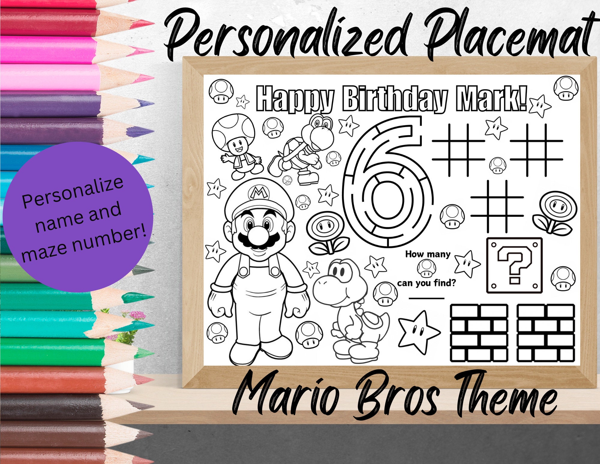 Personalized Super Mario Bros Placemat, Mario Themed Worksheet ...