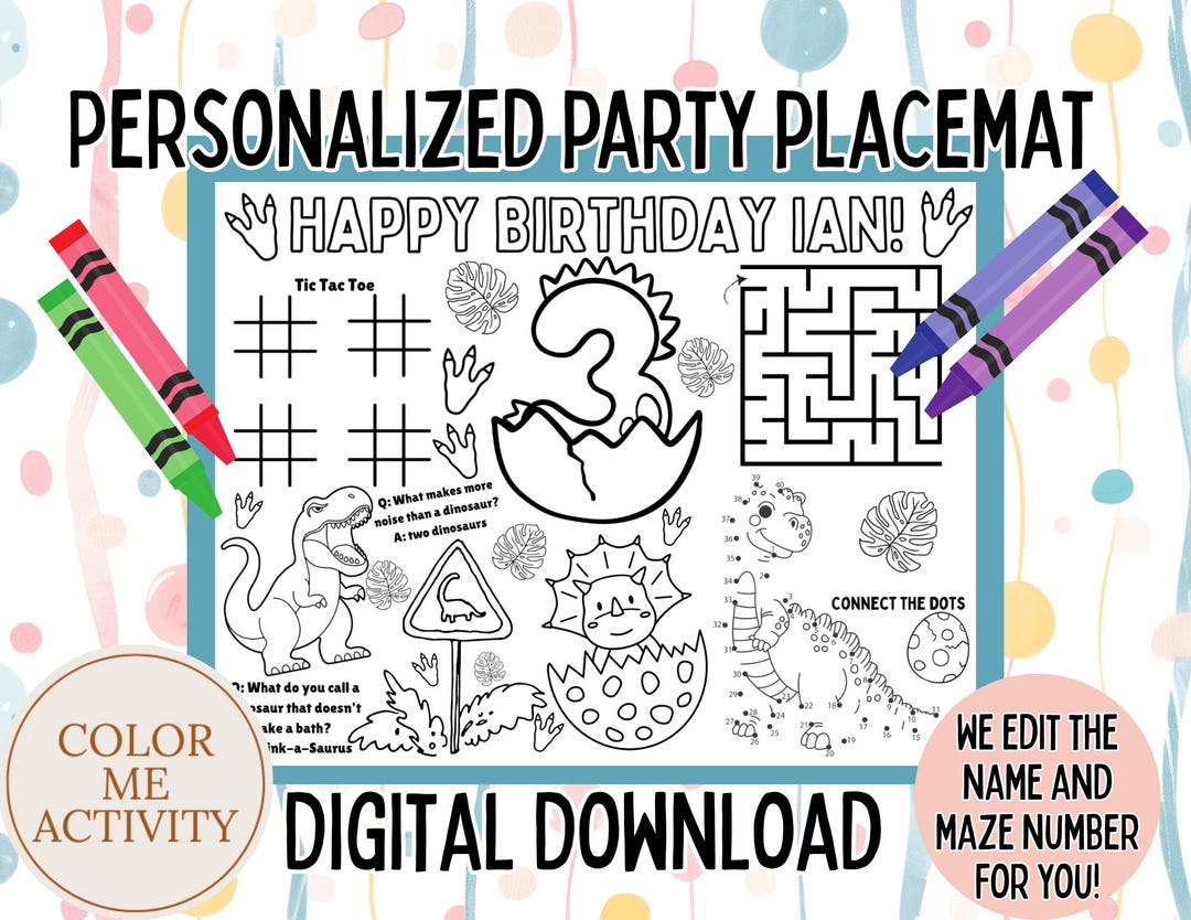 Personalized Dinosaur Placemat, Dinosaur Worksheet, Coloring Activity ...