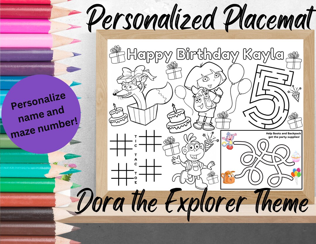 Personalized Dora the Explorer Placemat, Dora Worksheet, Coloring ...