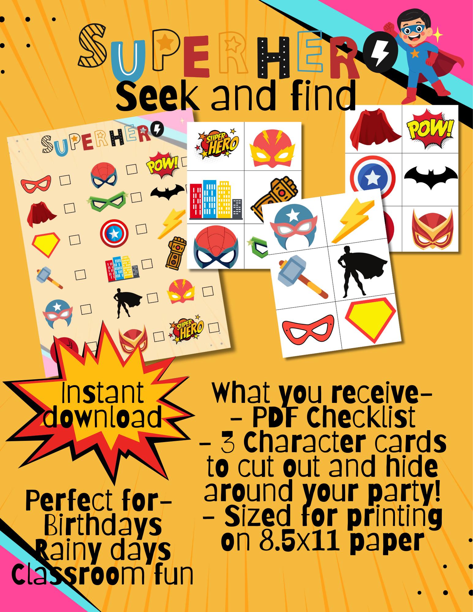 Superhero Seek and Find Game, Printable Birthday Scavenger Hunt ...