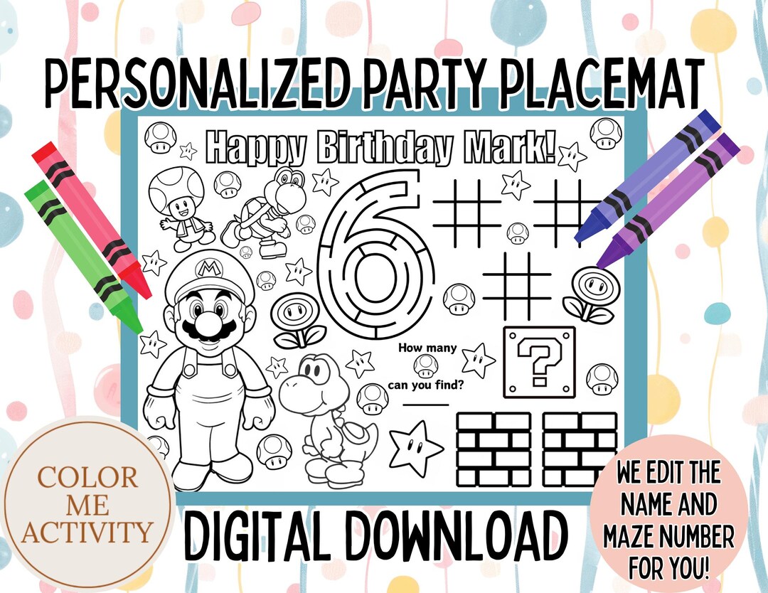 Personalized Super Mario Bros Placemat, Mario Themed Worksheet ...