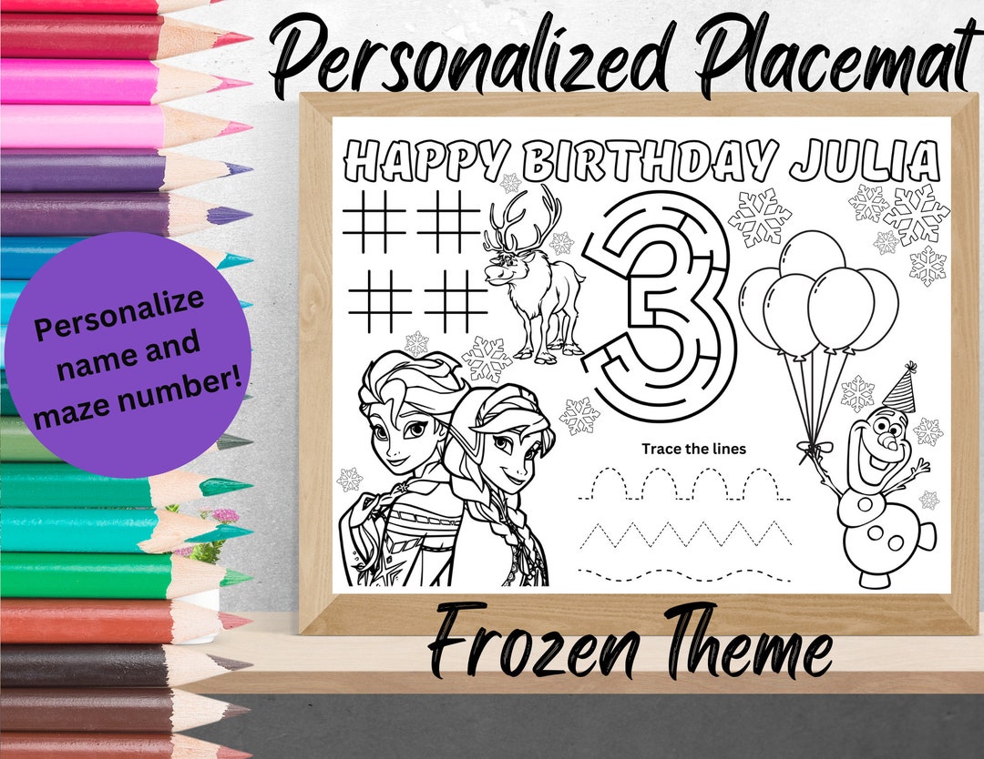 Personalized Frozen Placemat, Elsa and Anna Themed Worksheet, Coloring ...