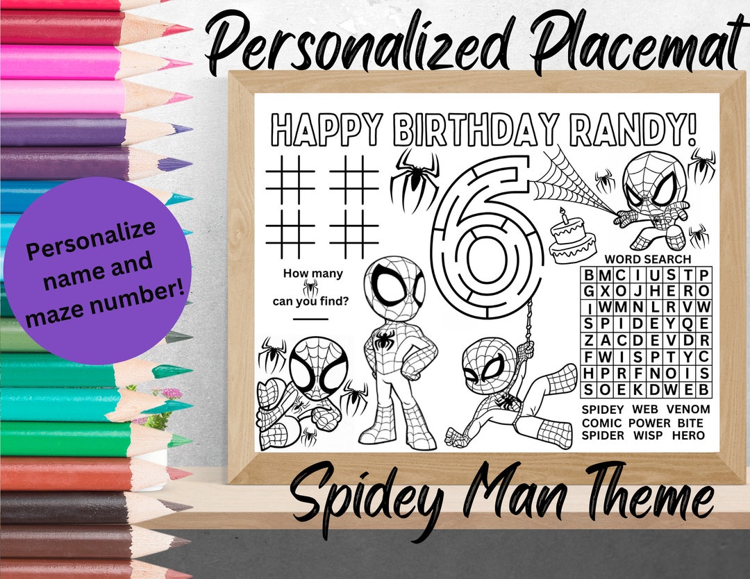Personalized Spidey Placemat, Spiderman Themed Worksheet, Coloring ...