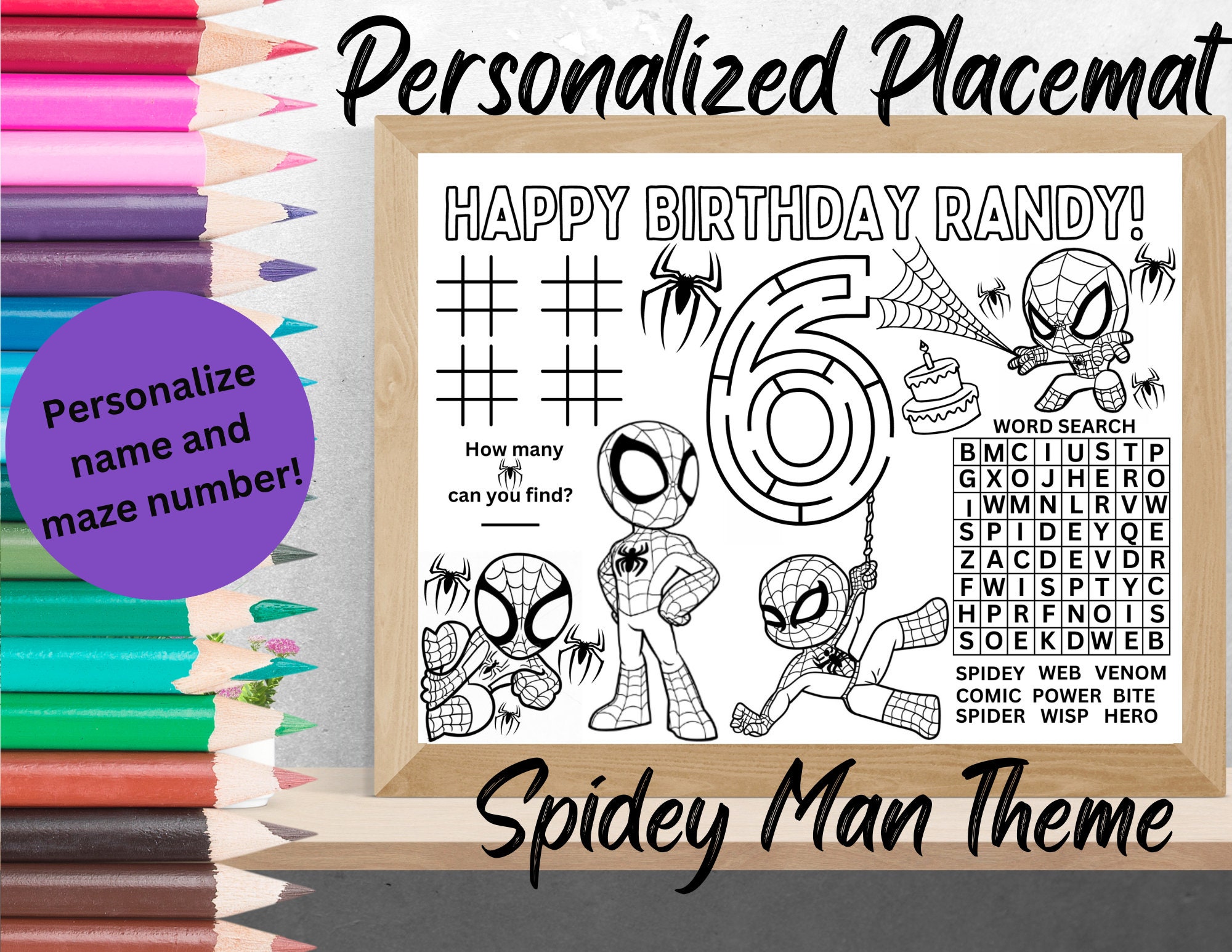 Personalized Spidey Placemat, Spiderman Themed Worksheet, Coloring ...