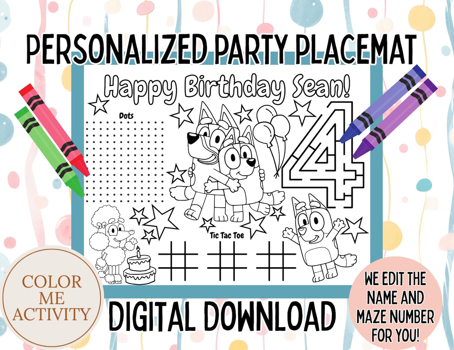 Personalized Bluey Placemat, Bluey Themed Worksheet, Coloring Activity ...