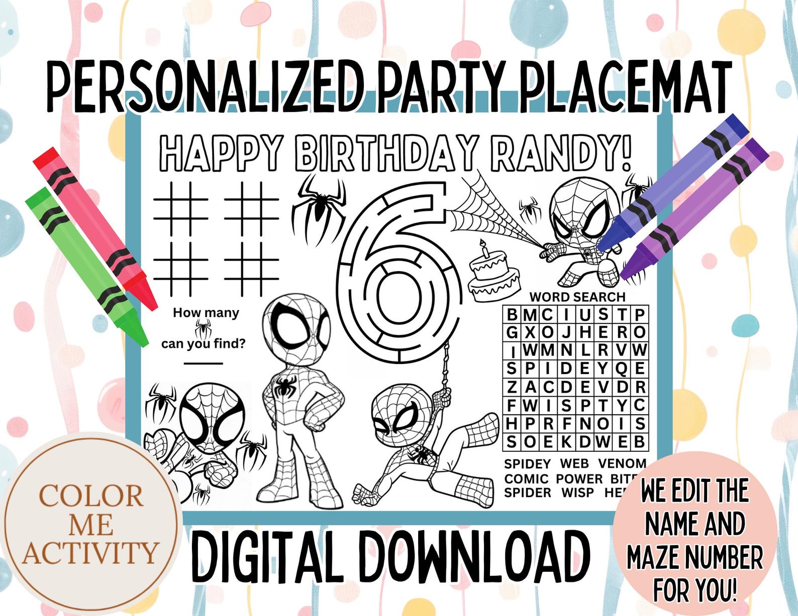 Personalized Spidey Placemat, Spiderman Themed Worksheet, Coloring ...