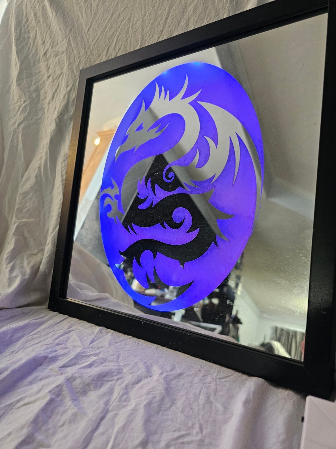 LED Lighted Mirror With Black Frame and Dragon With Flame Background ...