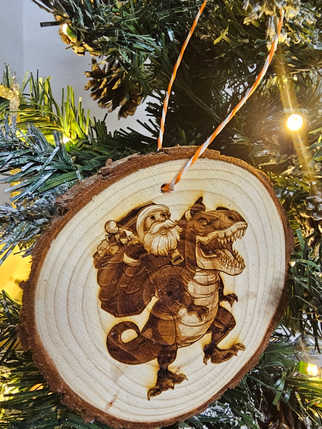 Santa Riding T-rex Rustic Log Ornament - Etsy