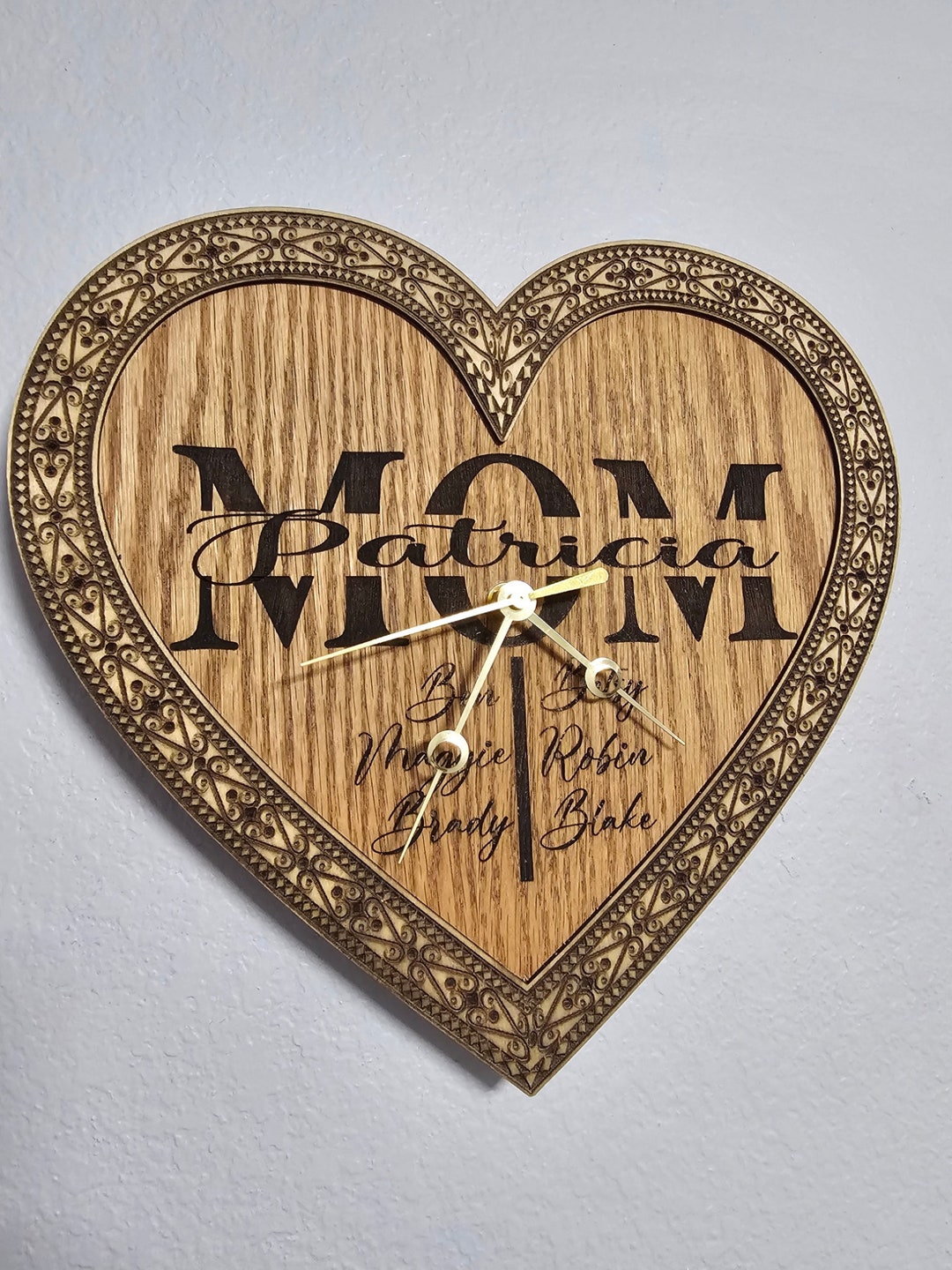 Personalized Heart Wooden Clock for Mom: Golden Oak Family Name Sign - Etsy
