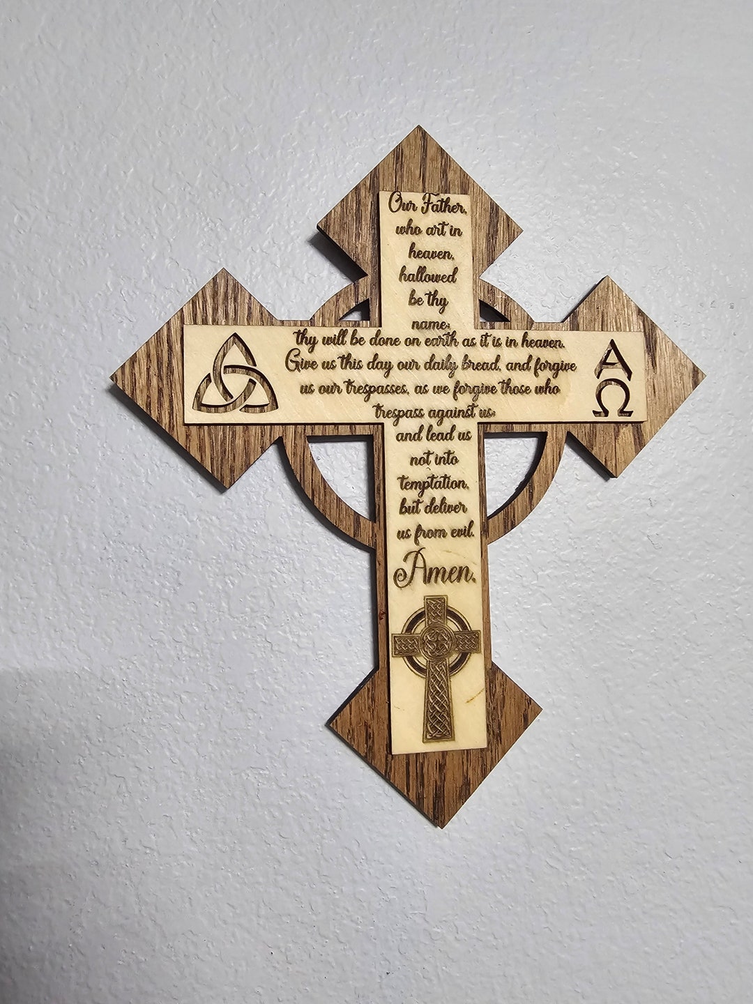 Our Father Prayer Cross Wall Hanging With Honey Stained Oak Backing - Etsy