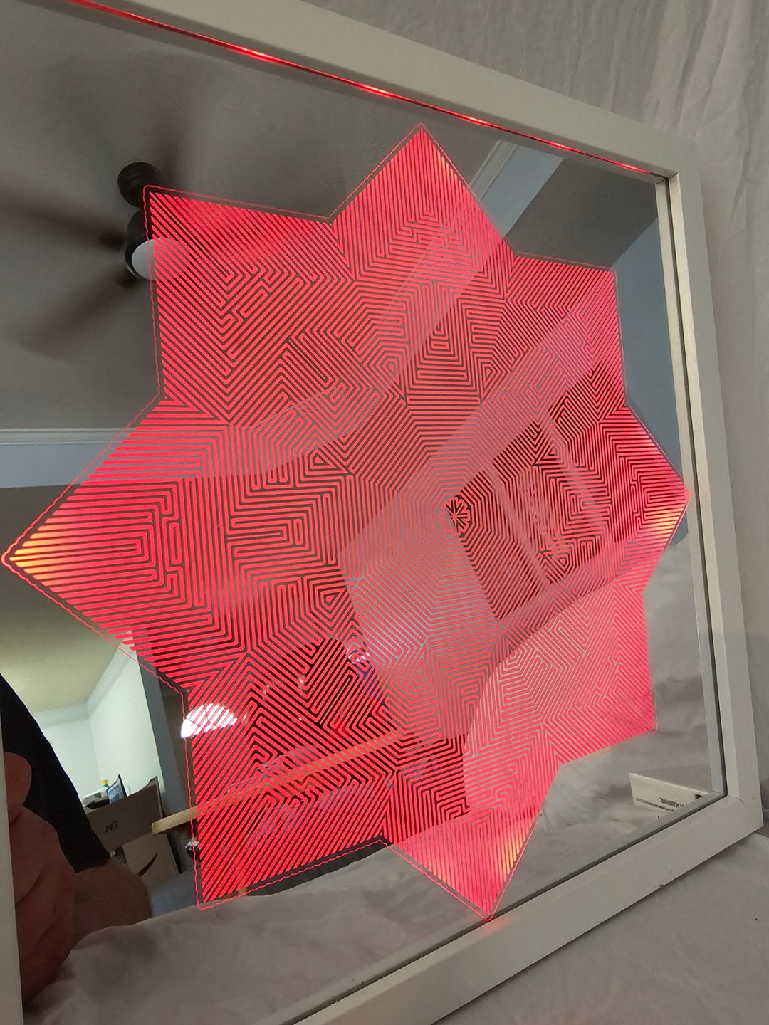 LED Lighted Mirror With White Frame and Optical Illusion Art Wall ...