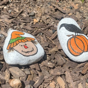 Scarecrow and Raven Crow Pumpkin, Hand Painted Rock Set of 2, Autumn ...