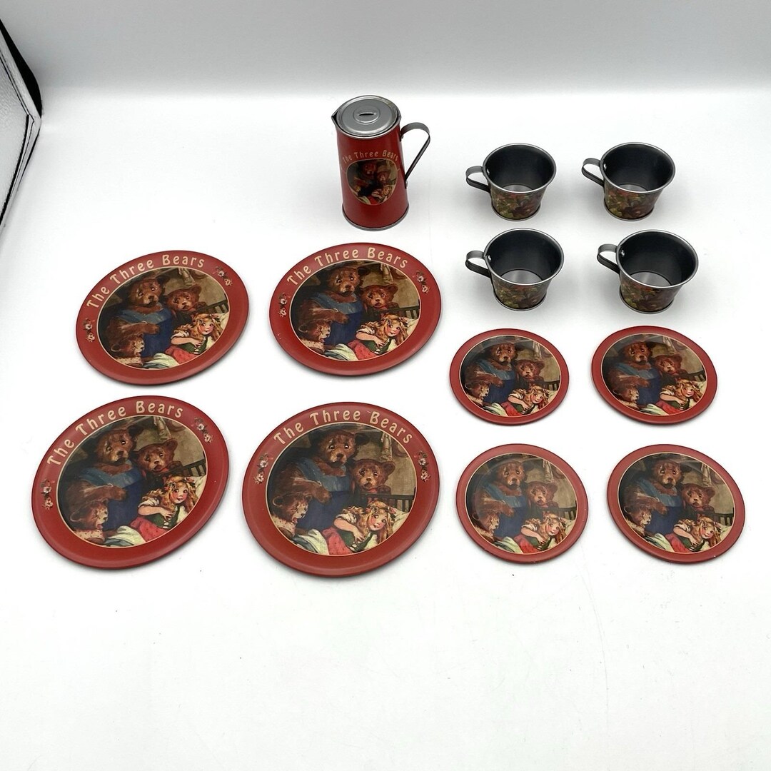 Vintage 1990s Goldilocks Three Bears Tin Toy Tea Set Plates Cups Teapot ...