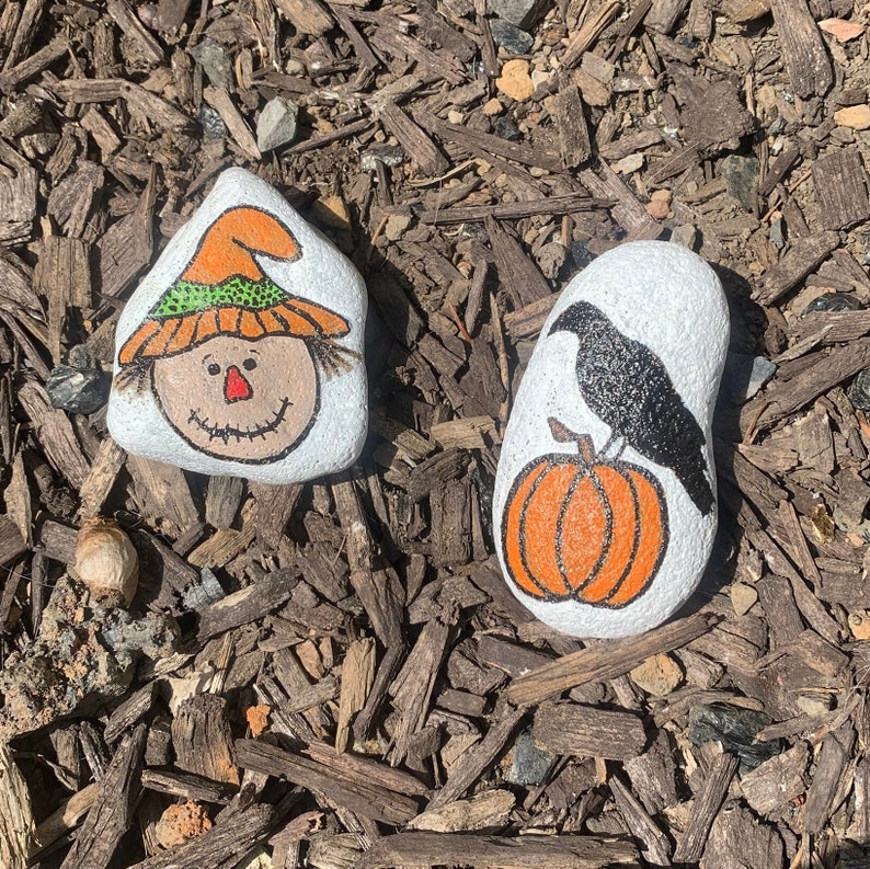 Scarecrow and Raven Crow Pumpkin, Hand Painted Rock Set of 2, Autumn ...