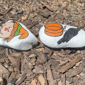 Scarecrow and Raven Crow Pumpkin, Hand Painted Rock Set of 2, Autumn ...