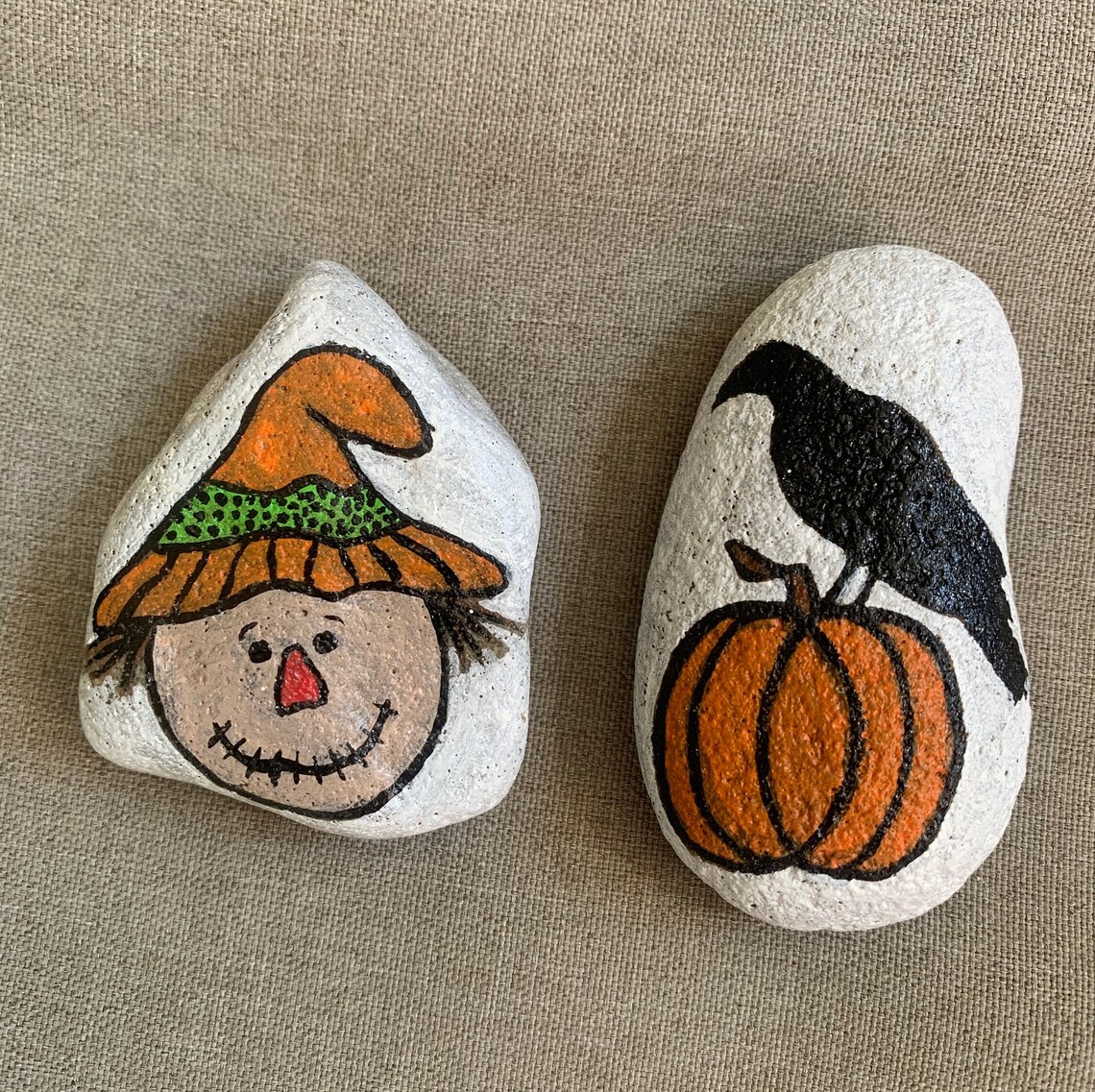 Scarecrow and Raven Crow Pumpkin, Hand Painted Rock Set of 2, Autumn ...