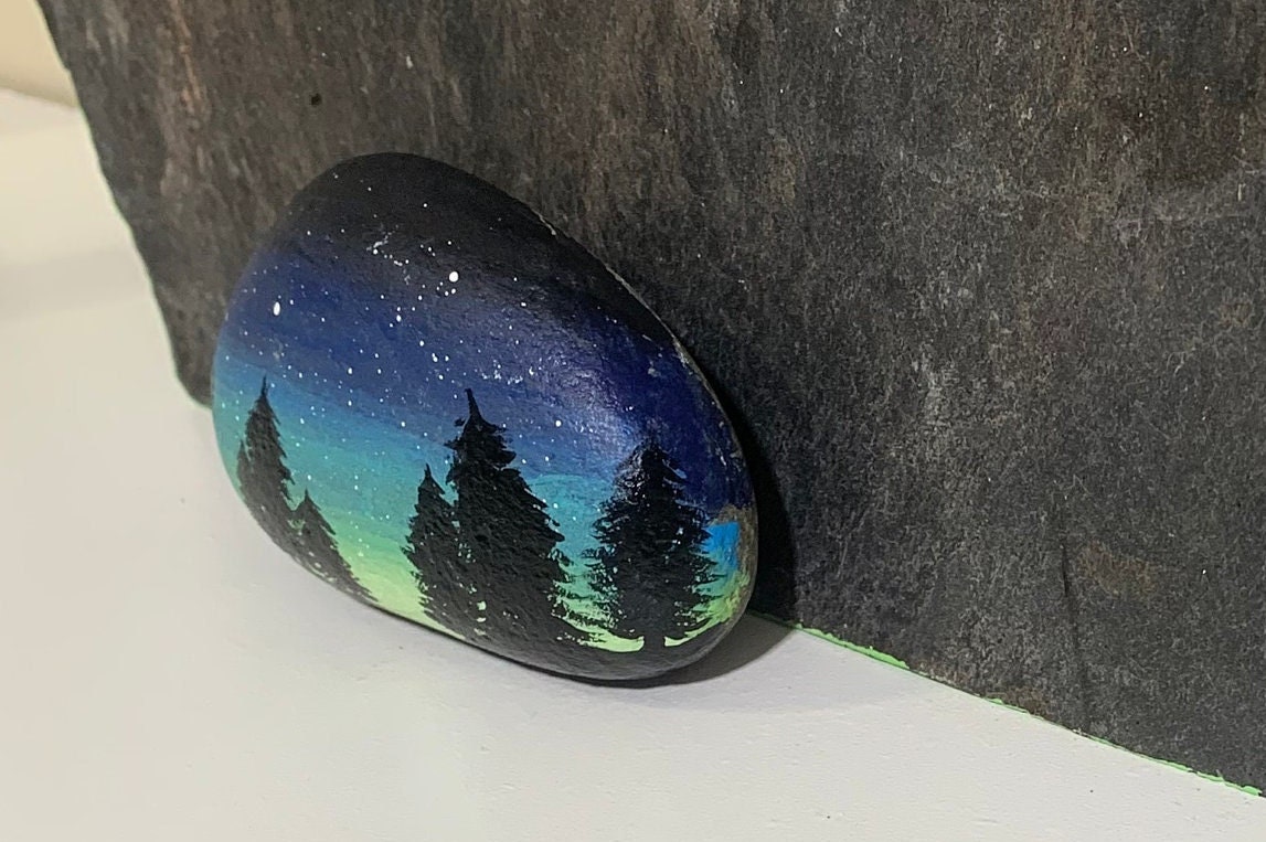 Sunset Silhouette Hand Painted Rock, Forest With Trees Stars Blue Sky ...