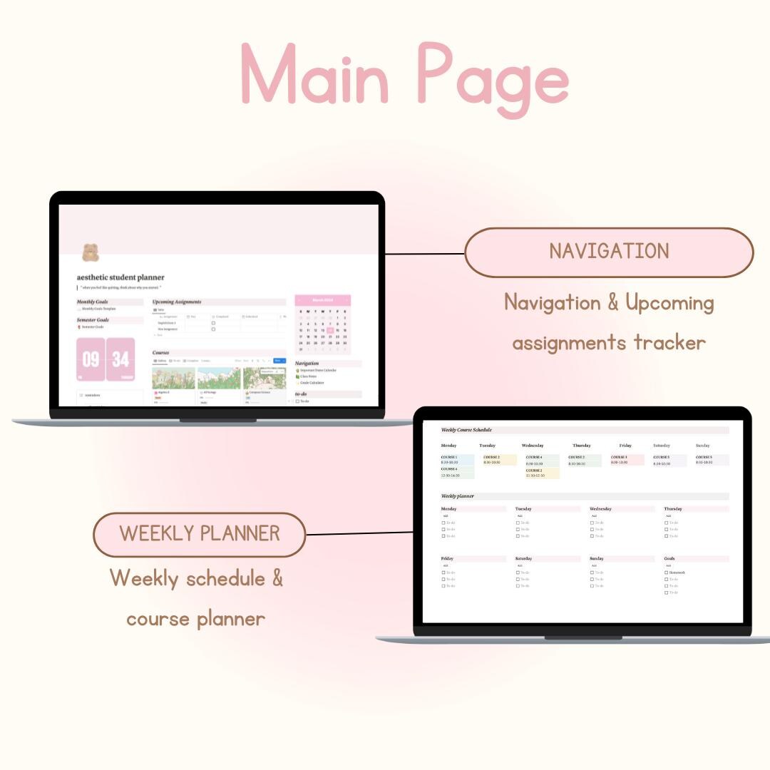 Aesthetic Notion Template Student Planner | Cute Pastel Pink Aesthetic ...