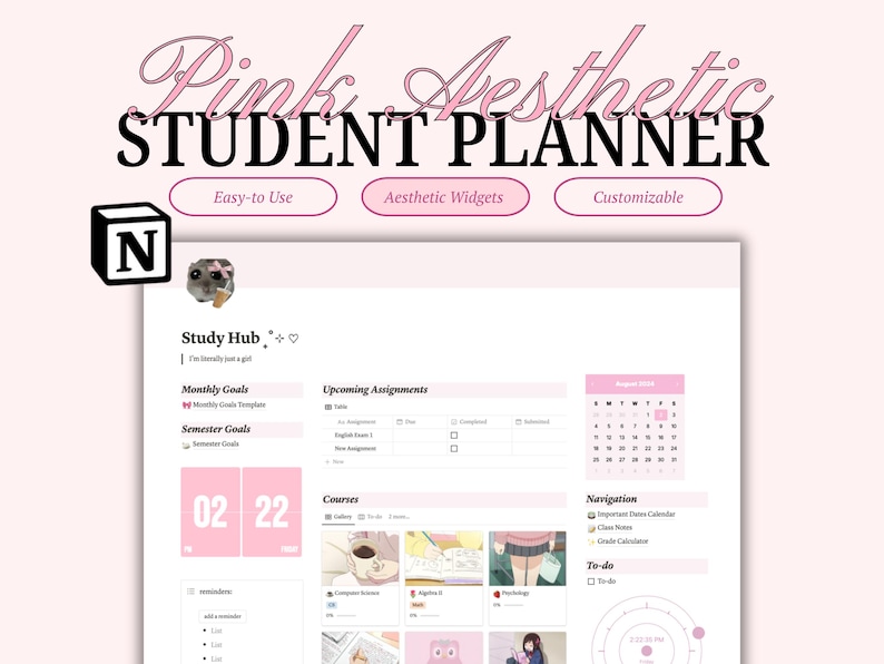 Pink Aesthetic Notion Student Planner: Digital Academic Template - Etsy