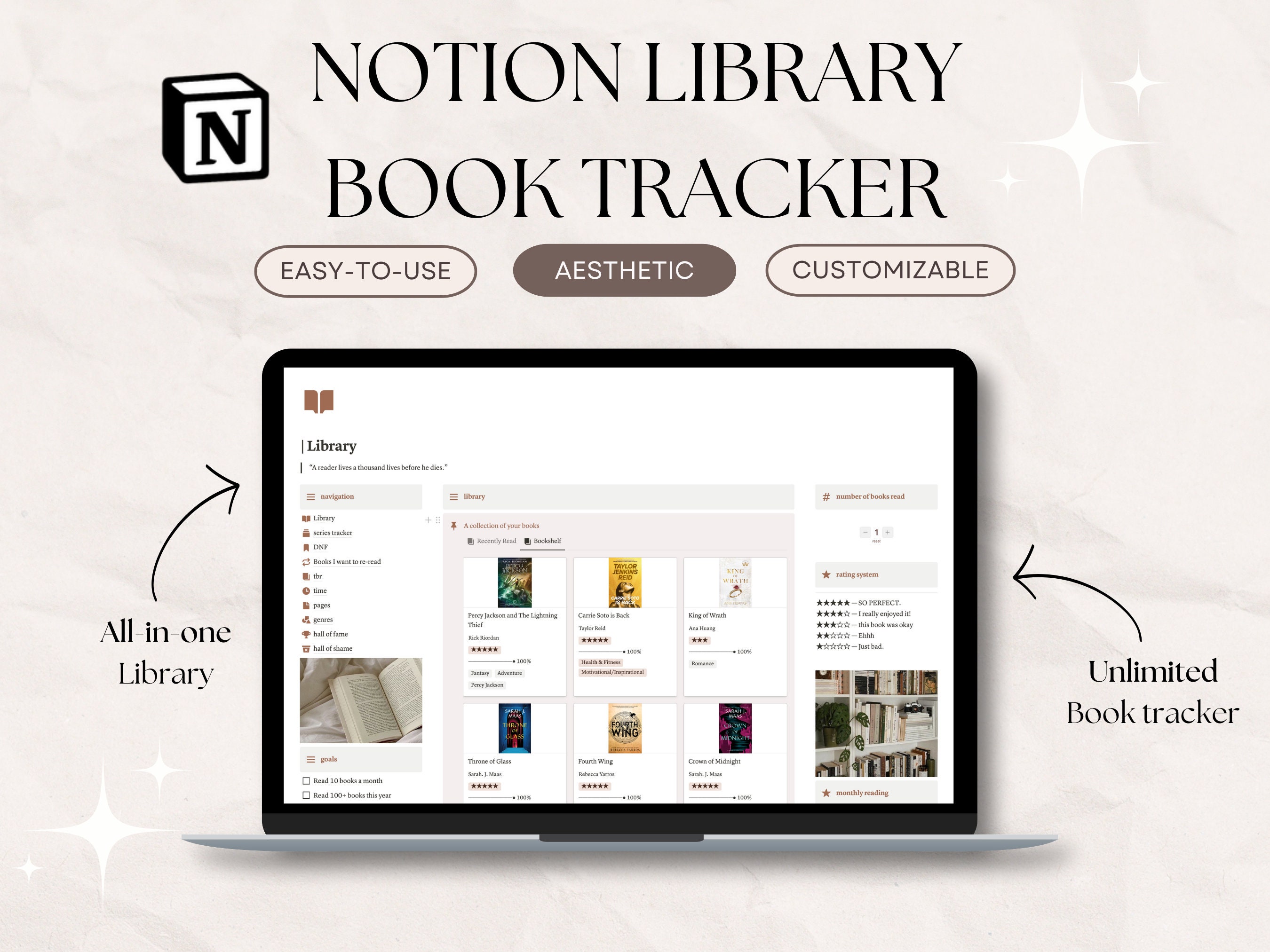 Notion Book Tracker Template | Notion Library | Aesthetic Digital Planner | Digital Reading ...
