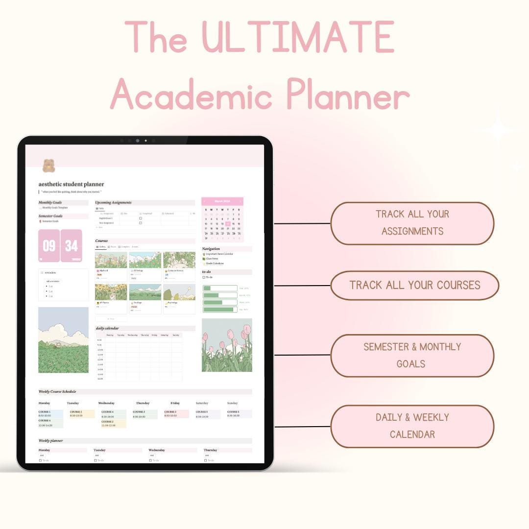 Aesthetic Notion Template Student Planner | Cute Pastel Pink Aesthetic ...