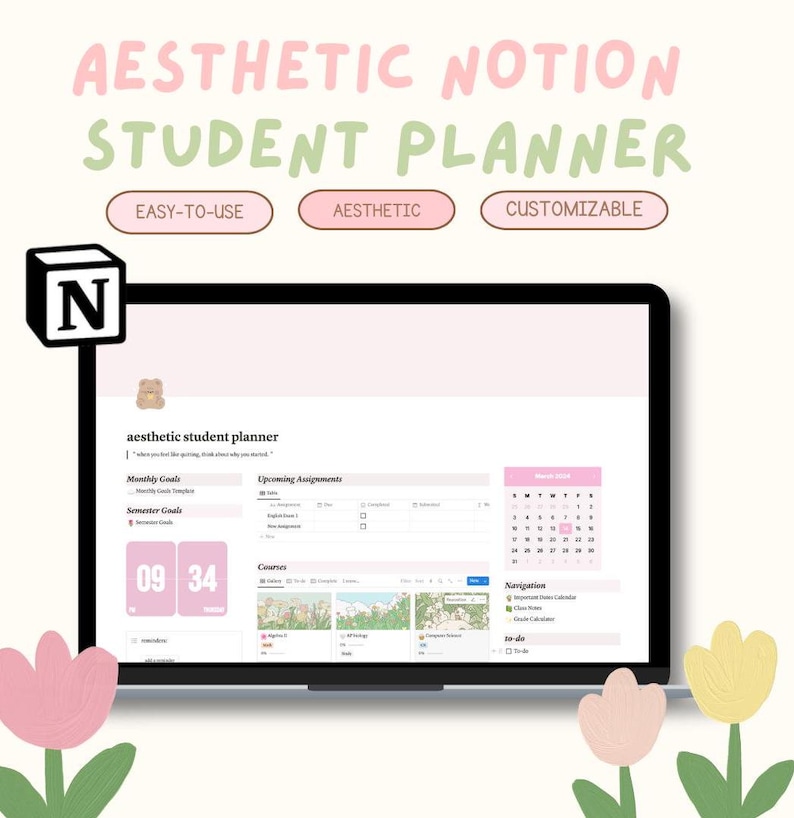 Aesthetic Notion Template Student Planner | Cute Pastel Pink Aesthetic ...