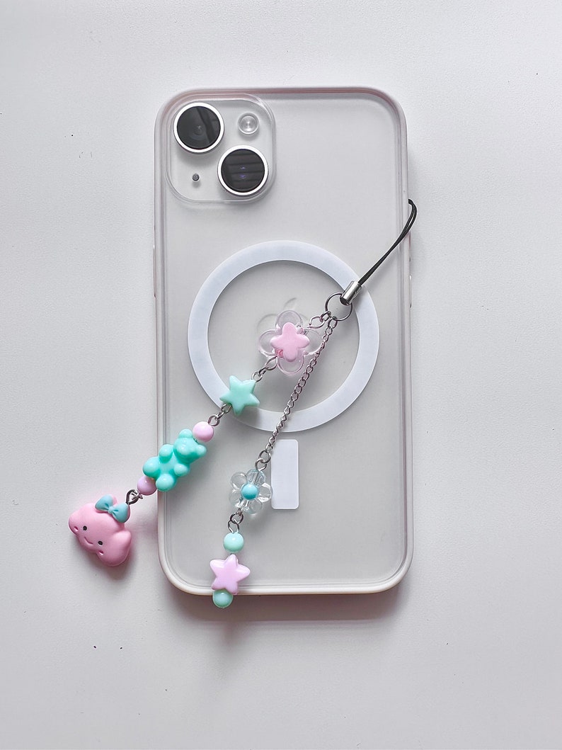 Pink Cloud and Blue Gummy Bear Phone Charm, Aesthetic, Handmade, Beaded ...