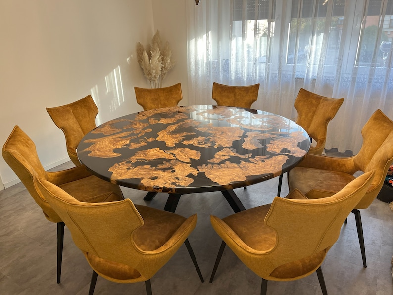 Epoxy Round Dining Table, Olive Wood and Smoky Black Resin Combination ...