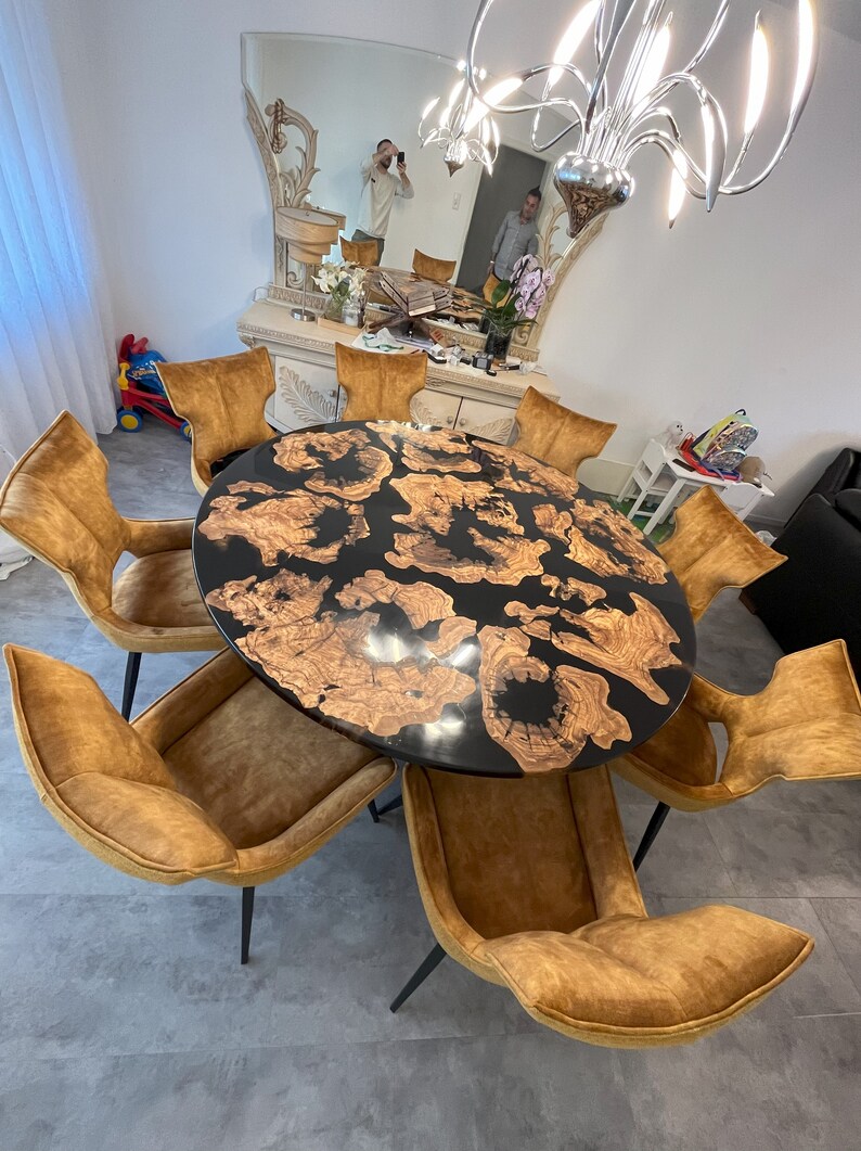 Epoxy Round Dining Table, Olive Wood and Smoky Black Resin Combination ...