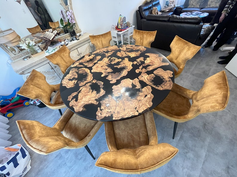 Epoxy Round Dining Table, Olive Wood and Smoky Black Resin Combination ...