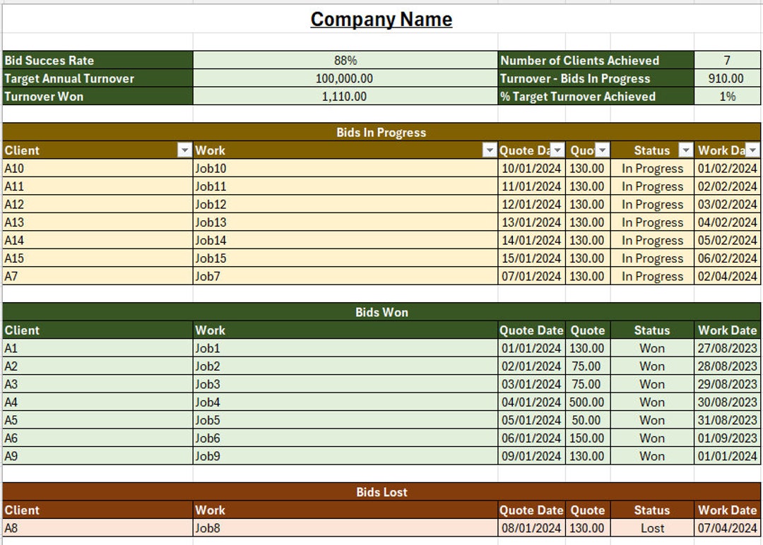 Self Employed Order Log Spreadsheet - Quotes, Task Status, Invoice ...