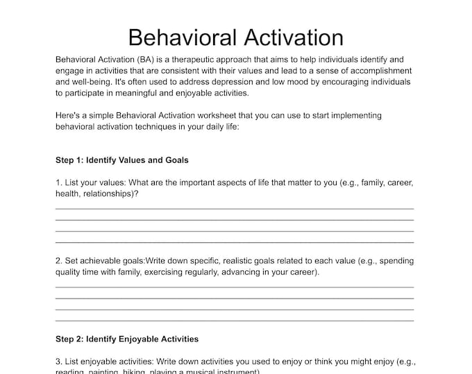 Behavioral Activation Worksheet, Mental Health Worksheet, Counseling ...