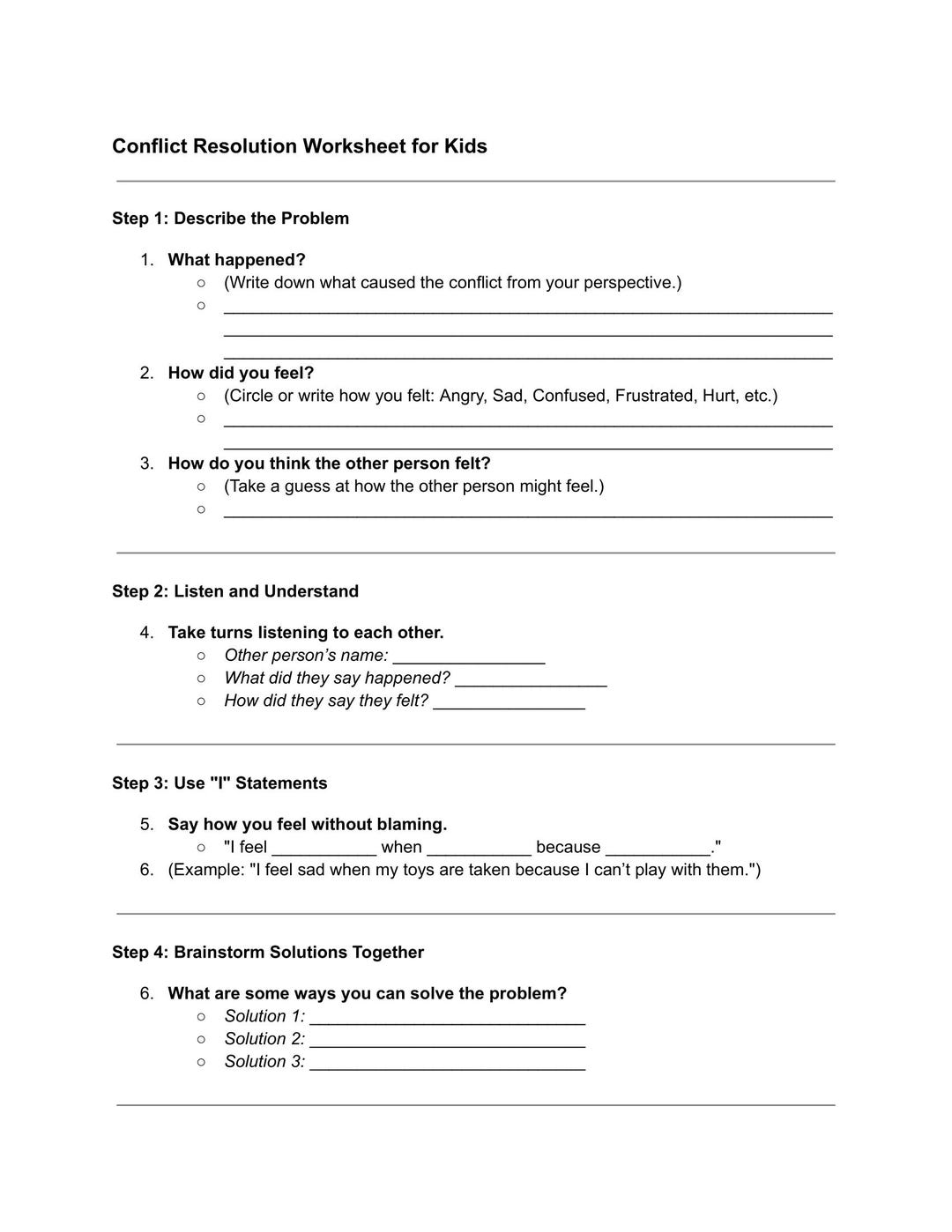 Conflict Resolution Worksheet for Kids, Conflict Resolution, Counseling ...