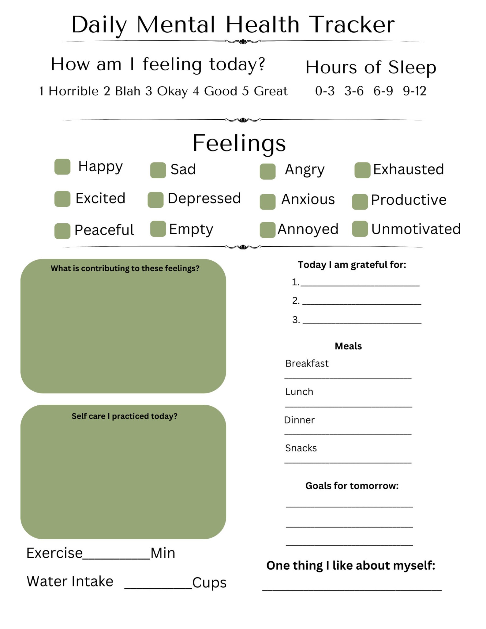 Daily Mental Health Tracker Green, Counseling Tool, Mental Health Log ...
