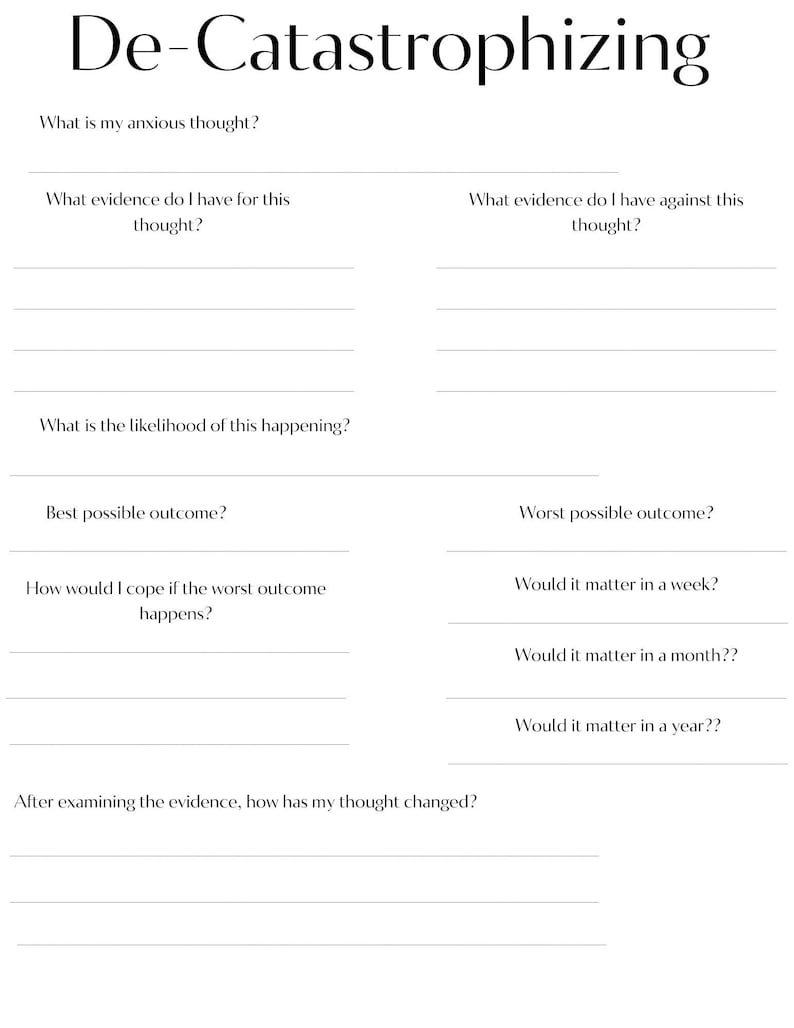 Anxiety Decatastrophizing Worksheet, Anxiety Worksheet, Counselor Tool ...