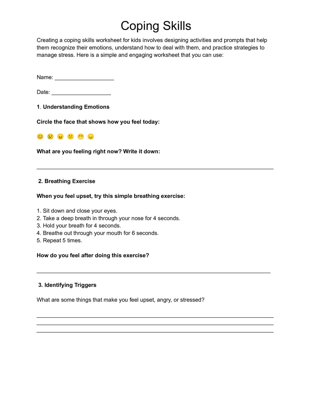 Coping Skills Worksheet for Kids, Kids Mental Health Worksheet, Kids ...