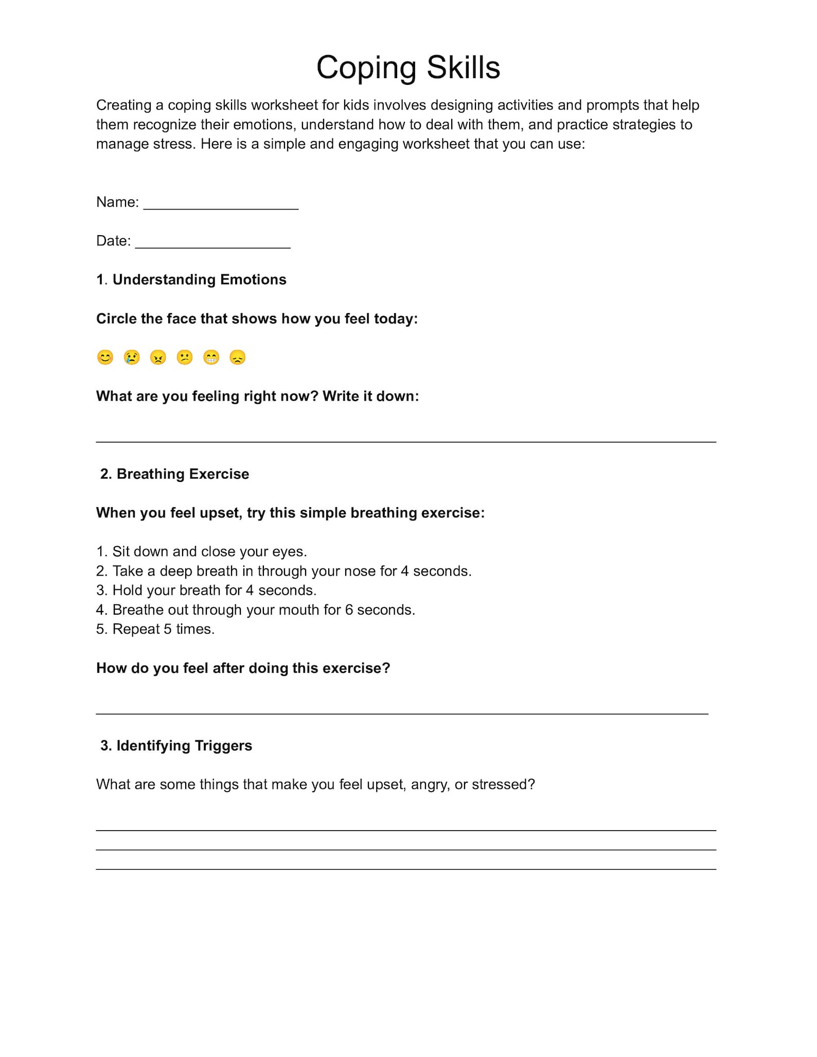 Coping Skills Worksheet for Kids, Kids Mental Health Worksheet, Kids ...