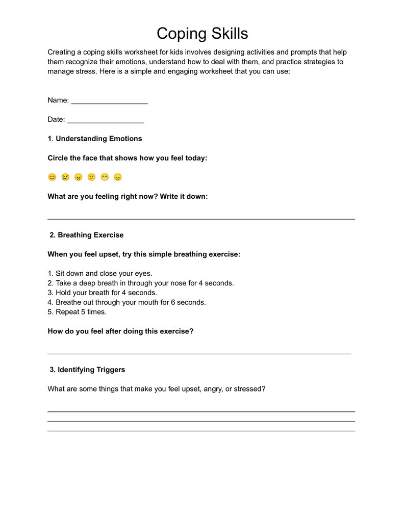 Coping Skills Worksheet for Kids, Kids Mental Health Worksheet, Kids ...