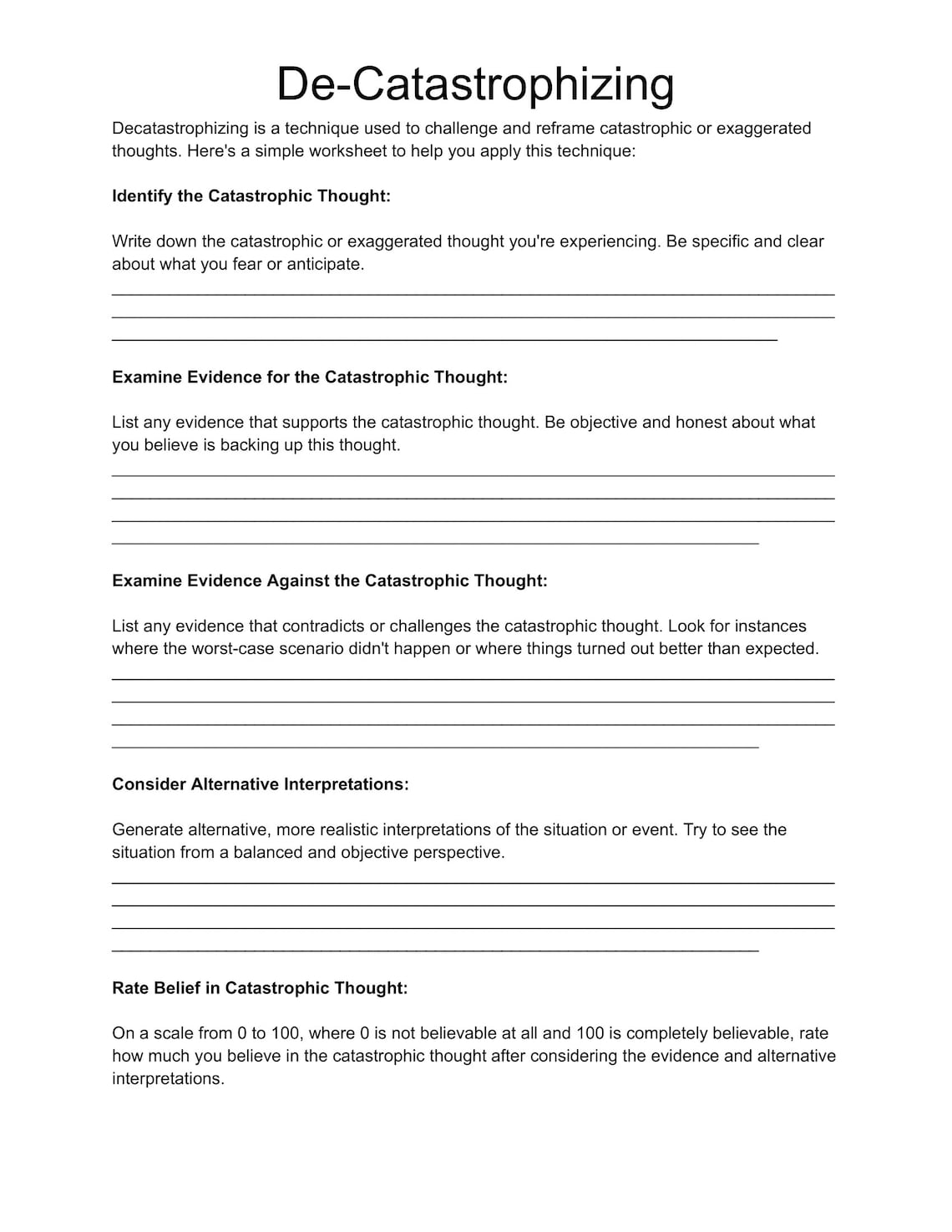De-catastrophizing Worksheet, Mental Health Worksheet, Counseling Tool ...