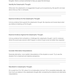 De-catastrophizing Worksheet, Mental Health Worksheet, Counseling Tool ...