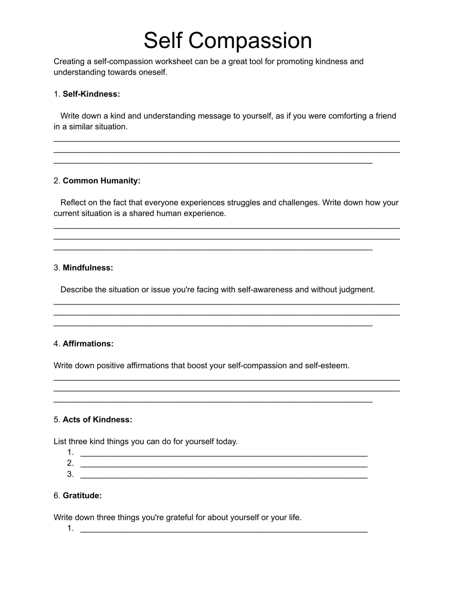 Self Compassion Worksheet, Therapy Tool, Social Work Tool, Counseling ...