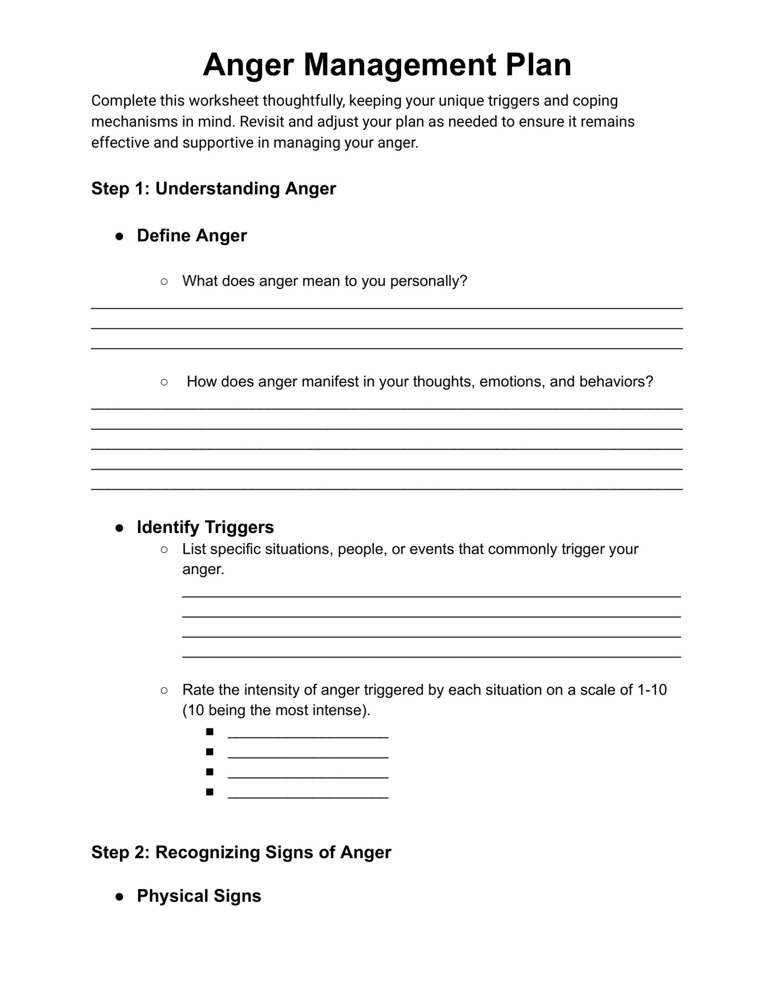Anger Management Plan, Therapist Tool, Anger Management Tool, Anger ...