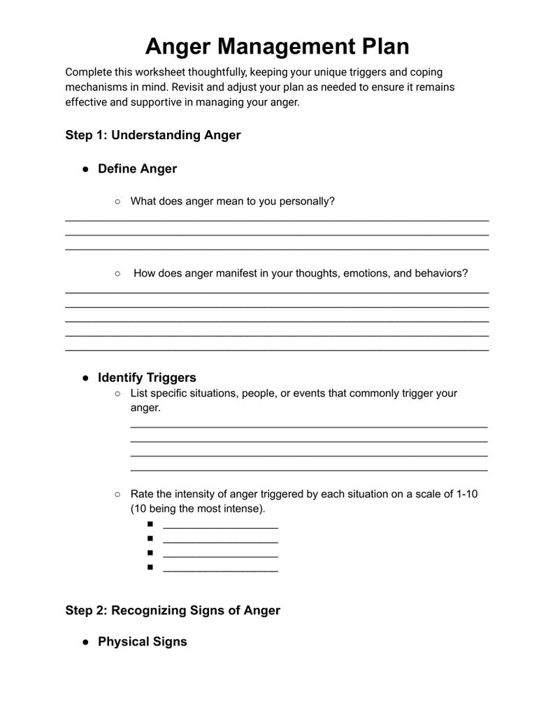 Anger Management Plan, Therapist Tool, Anger Management Tool, Anger ...
