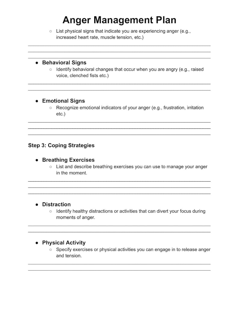 Anger Management Plan, Therapist Tool, Anger Management Tool, Anger ...