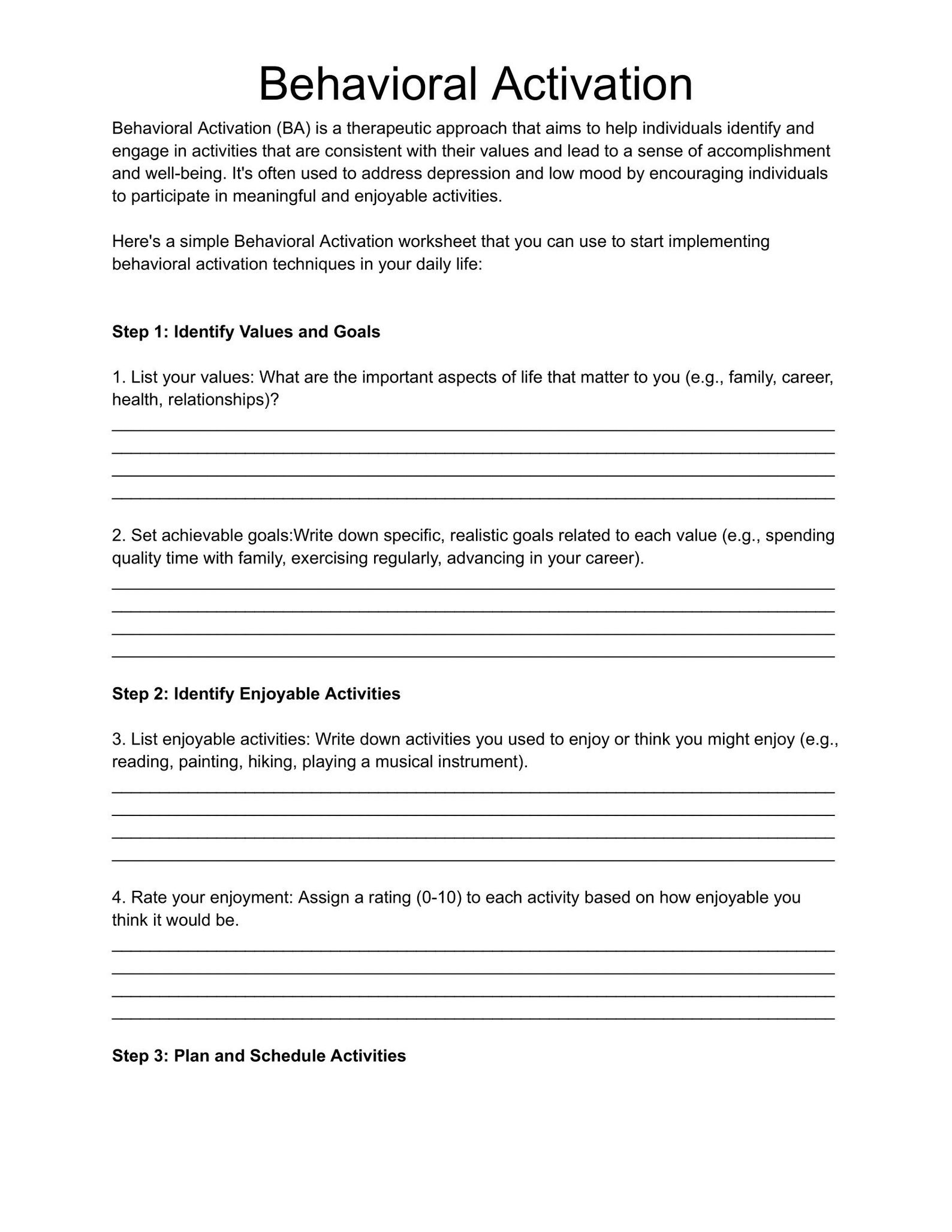 Behavioral Activation Worksheet, Mental Health Worksheet, Counseling ...