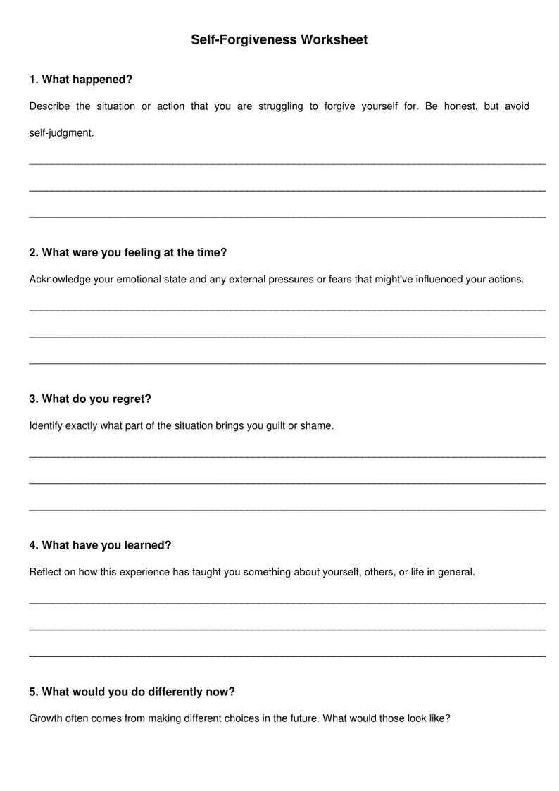 Self Forgiveness Worksheet, Counseling Tool, Social Work Worksheet ...